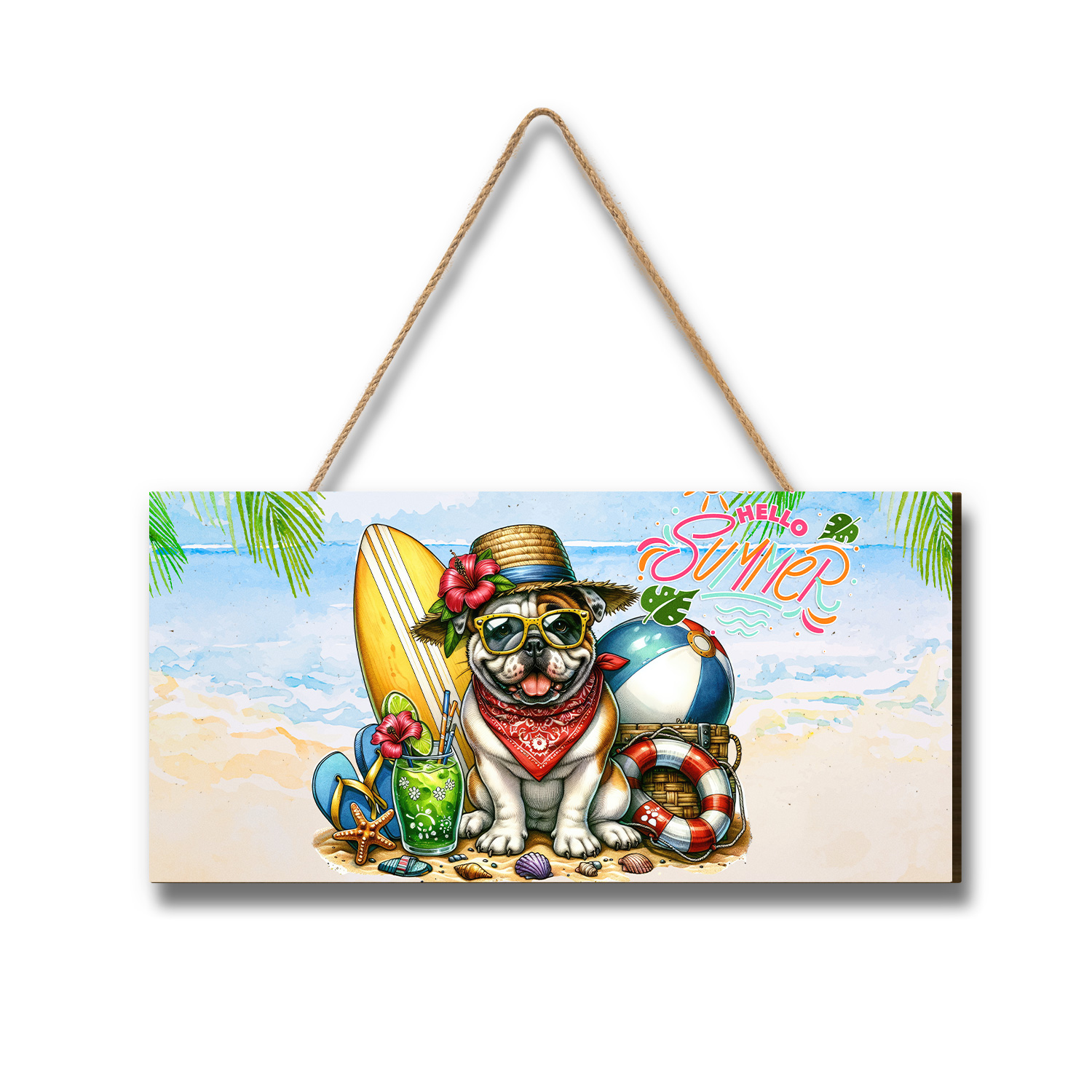 Bulldog Hello Summer with Sunglasses and Surfboard Tropical Vibes ...