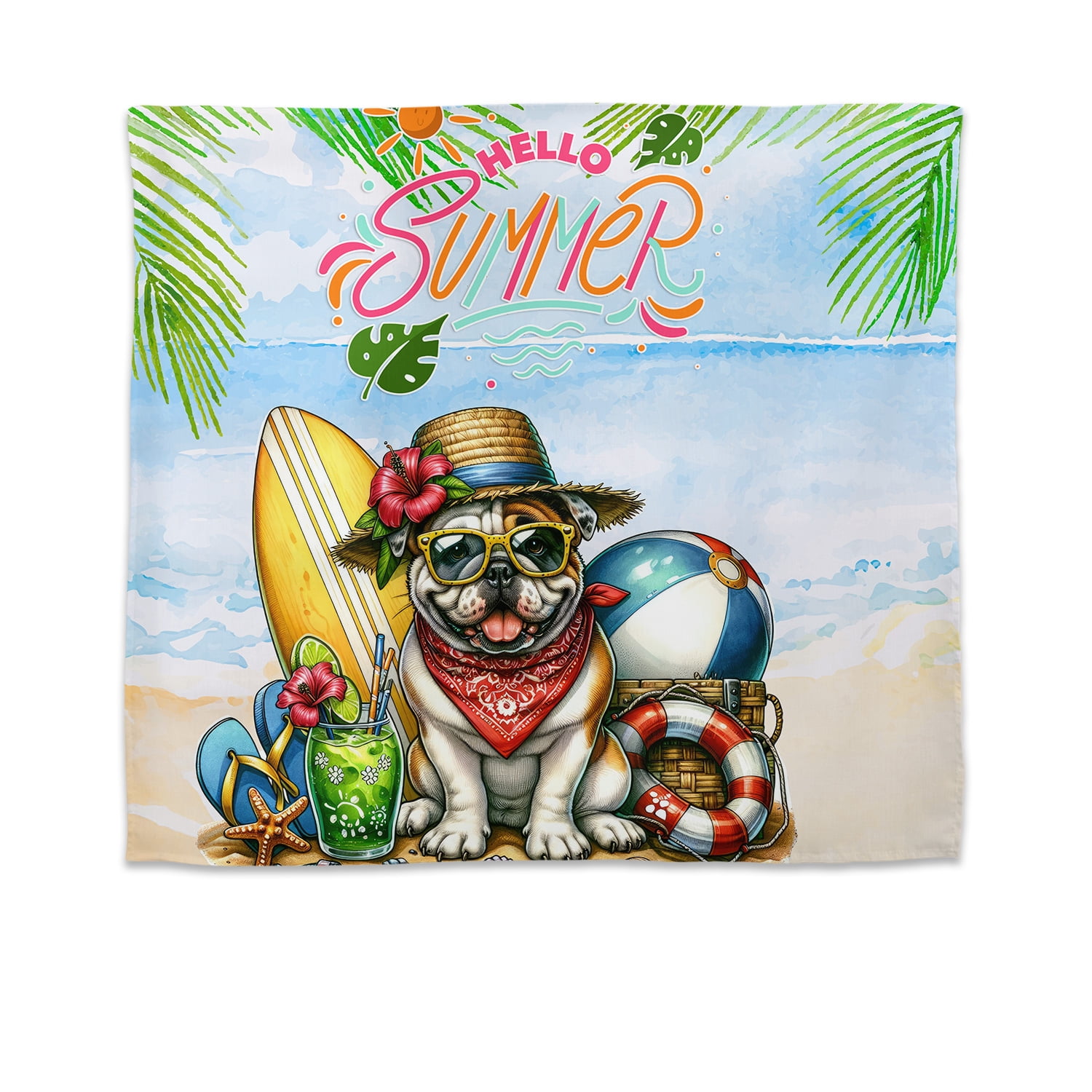 Bulldog Hello Summer with Sunglasses and Surfboard Tropical Vibes ...