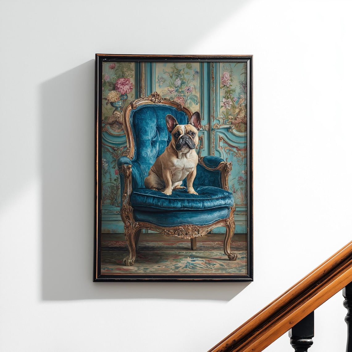 Bulldog On Royal Blue Victorian Chair Elegant Dog In Vintage Floral ...