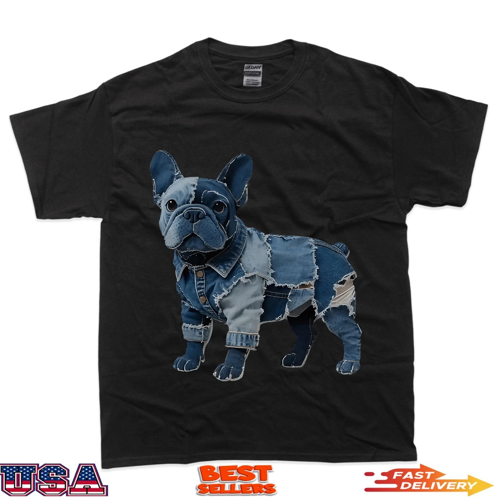Bulldog Pattern Patchwork Art French Bulldog In Denim Dog T-Shirt ...