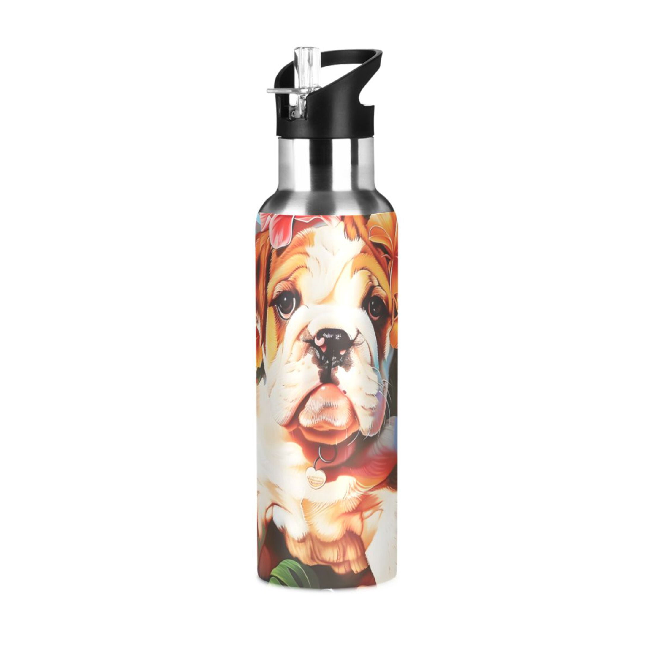 Bulldog Puppy in Floral Seaside Beach Sports Bottle with Straw ...