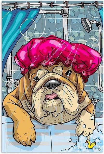 Bulldog Shower Vertical Poster Funny Art Print Gift For Dog Lover ...