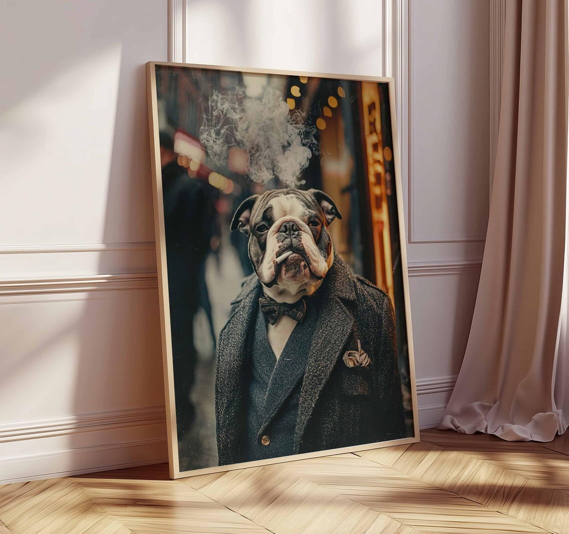 Bulldog Smoking Print, Funny Dog Wall Art, Vintage Style Dog Poster ...