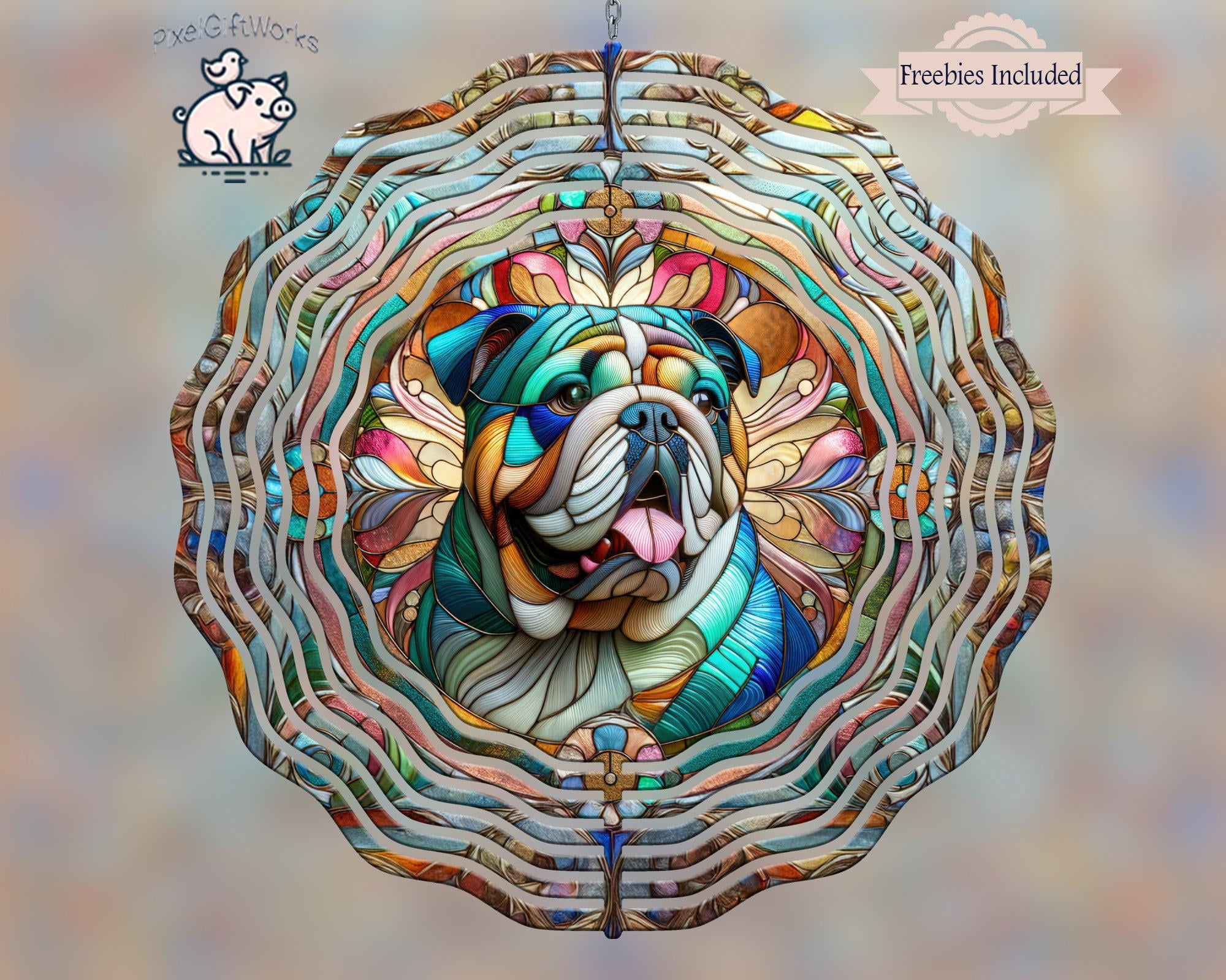 Bulldog Stained Glass 3D Wind Spinner Floral Kinetic Garden Decor ...