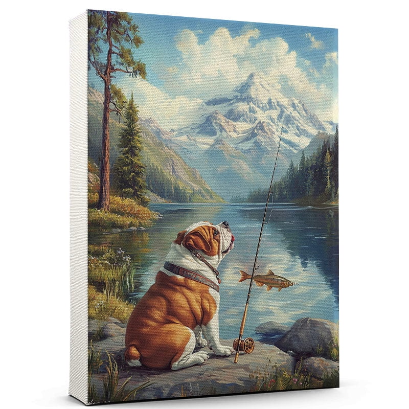 Bulldog Vintage Dog Fishing Canvas – Artistic Sports, Bulldog Dog with ...