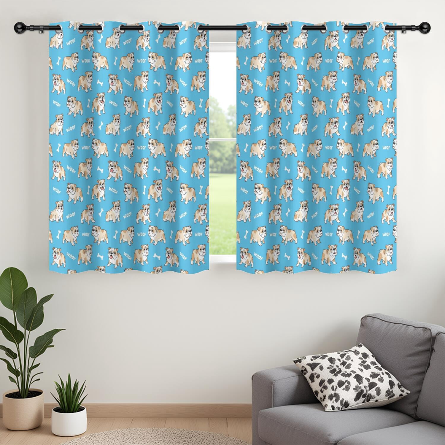 Bulldog and Bone Blue Pattern Blackout Curtains,Triple Weaved Fabric ...