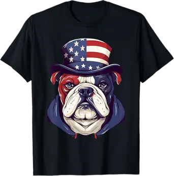 Bulldog with Patriotic USA Flag American Independence Day T-Shirt ...