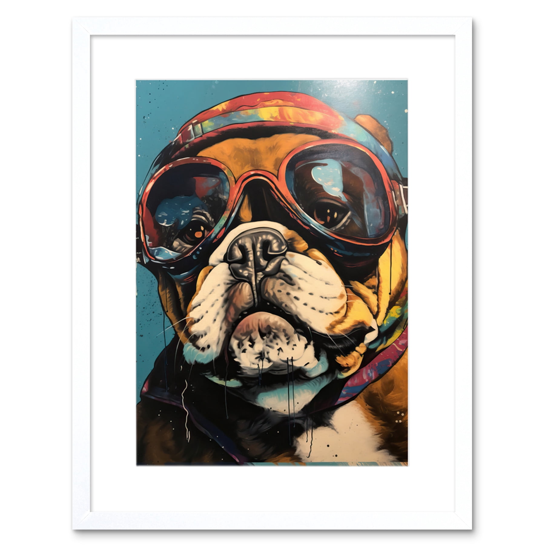 Bulldog with Retro Motorcycle Goggles and Helmet Artwork Framed Wall ...