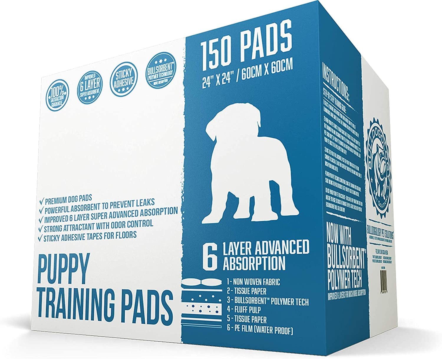 Bulldogology Premium Puppy Pee Pads with Adhesive Sticky Tape (24x24 ...