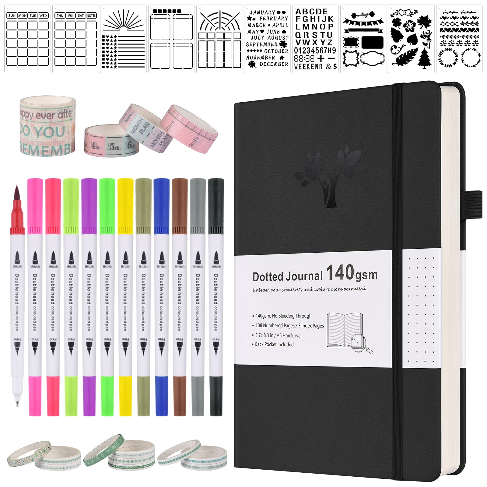 Bullet Dotted Journal Kit, 140gsm No Bleed A5 Dotted Bullet Grid Journal Set with 188 Pages, 10 ...
