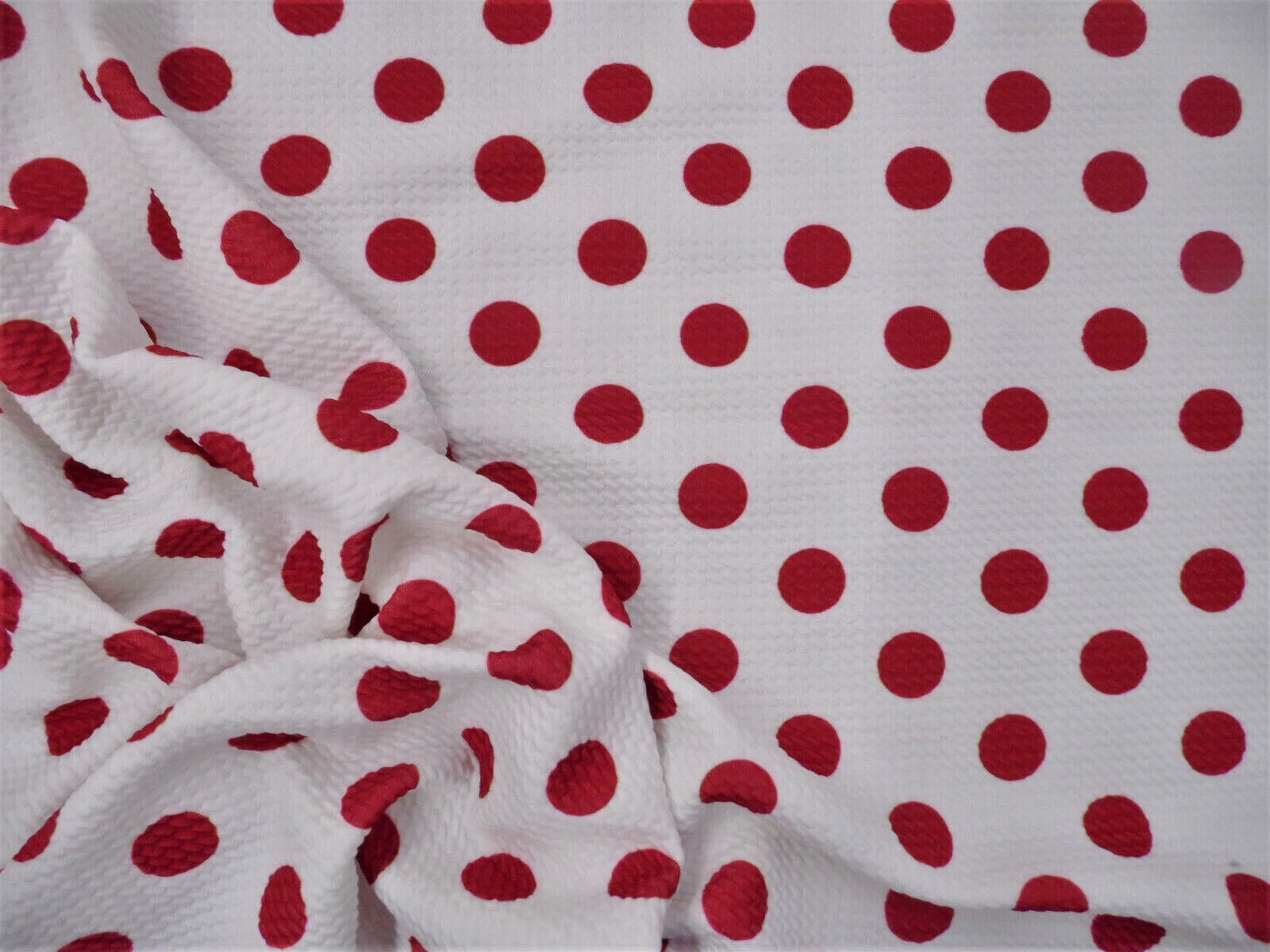 Bullet Printed Liverpool Textured Fabric 4 way Stretch White Red Polka ...