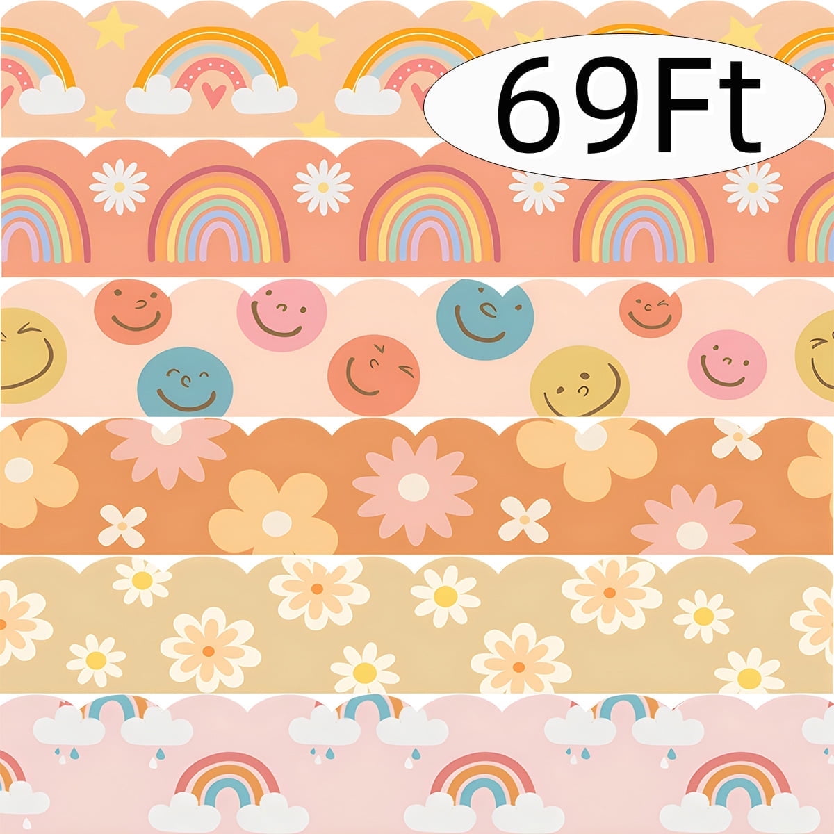 2CFun Bulletin Board Border Trim, Retro Boho Faces, Rainbows and ...