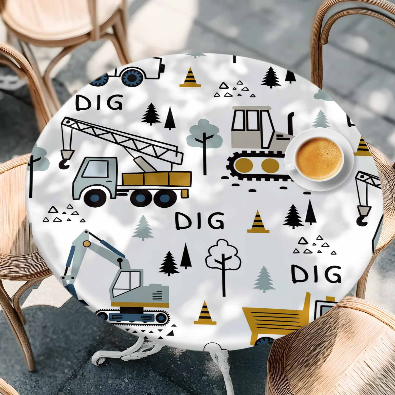 Bulletin Machine Crane Excavator Round Fitted Tablecloth with Elastic ...
