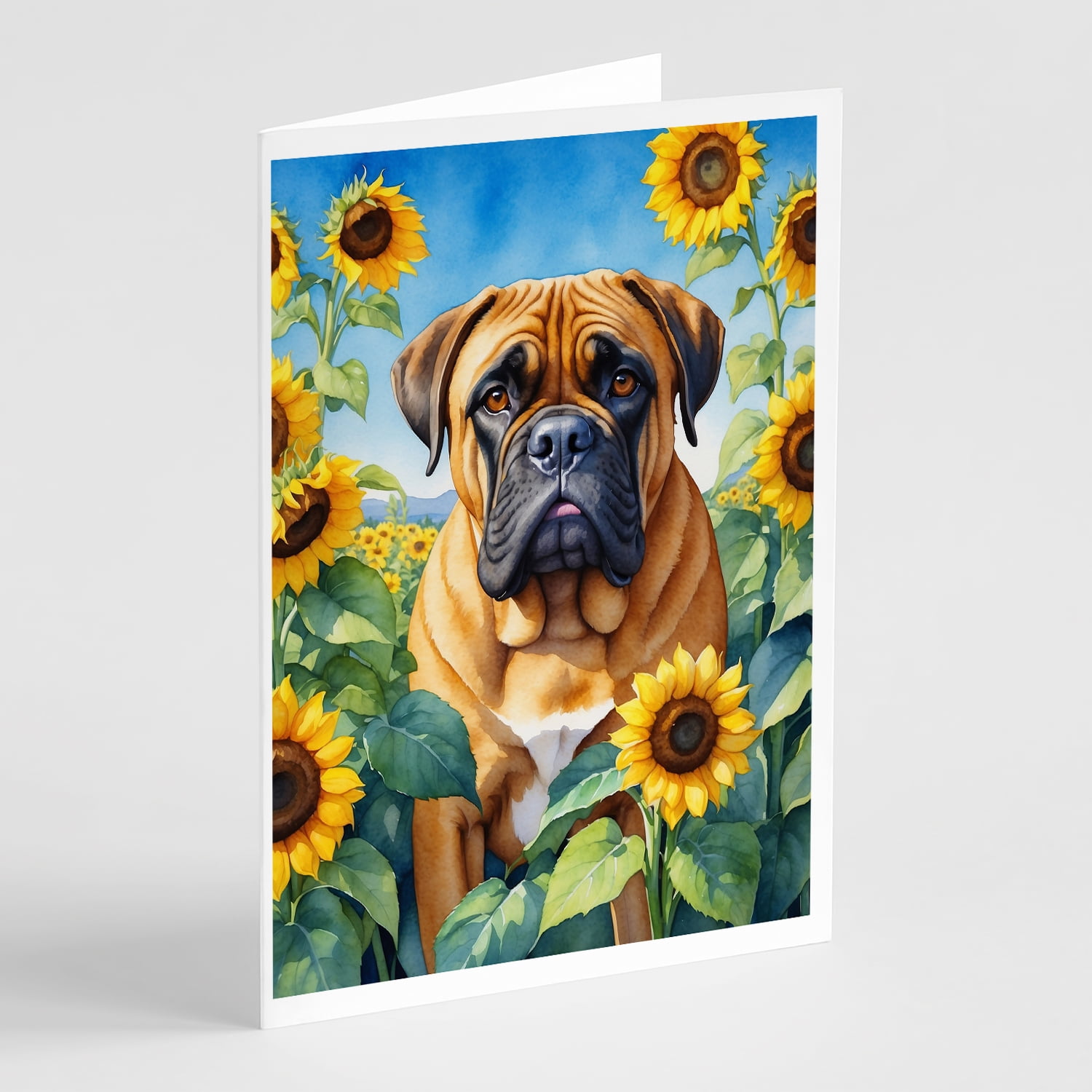 Bullmastiff in Sunflowers Greeting Cards Pack of 8 7 in x 5 in ...