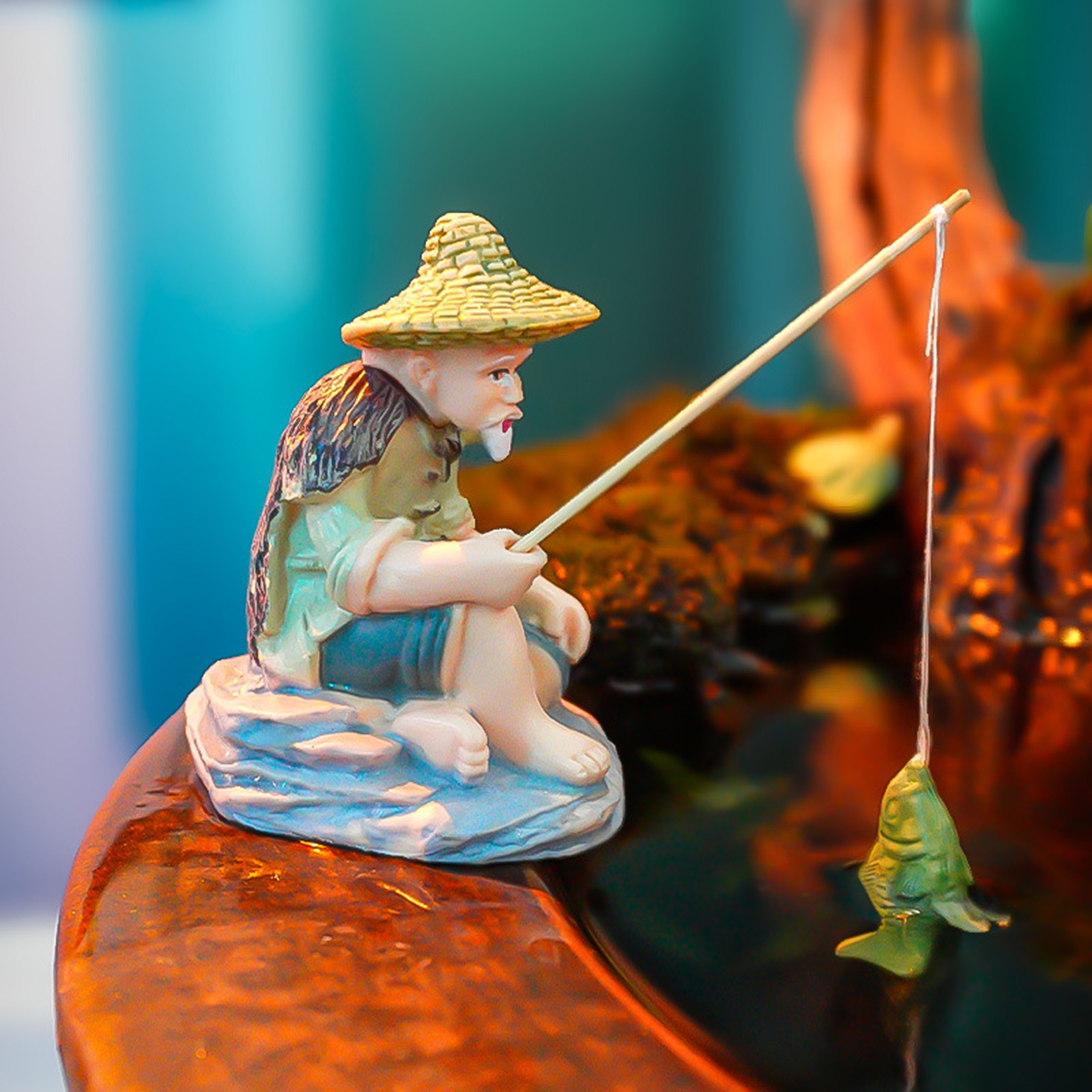 Bullpaw Fish Tank Sitting Fishing Figurine Sandstone Fisherman Statue ...