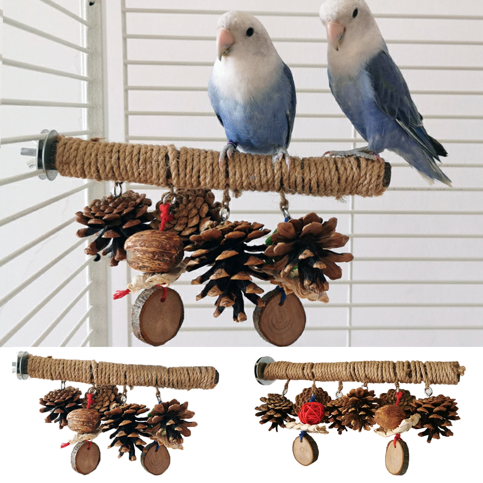Bullpaw Parrot Stand Chewing Pine Balls Grinding Paw Natural Wood Hemp ...