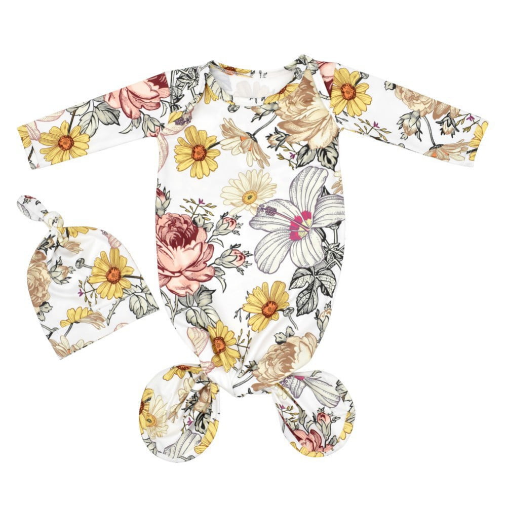 Bullpiano Newborn Knotted Gown Long Sleeve Nightgown with Matching Hat ...