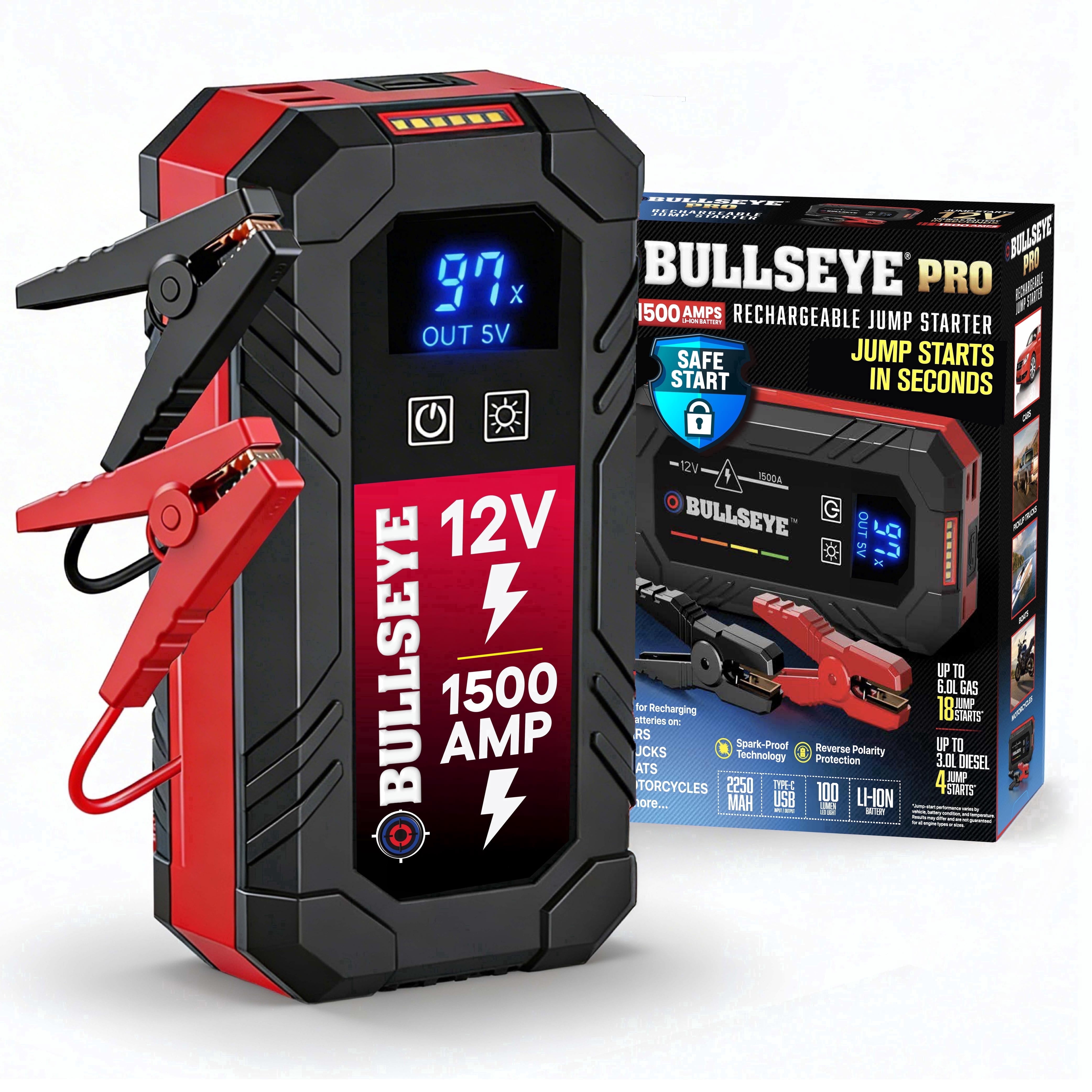 Bullseye Safety XL 1500A Car Battery Jump Starter Box w/ Jumper Cables ...