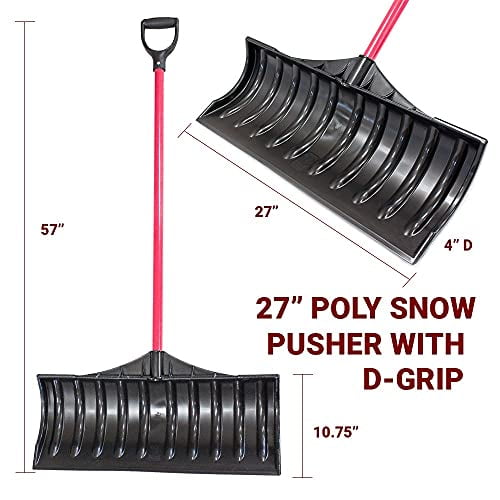 Bully Tools 27″ Poly Snow Pusher with Fiberglass Handle and Poly D-Grip ...