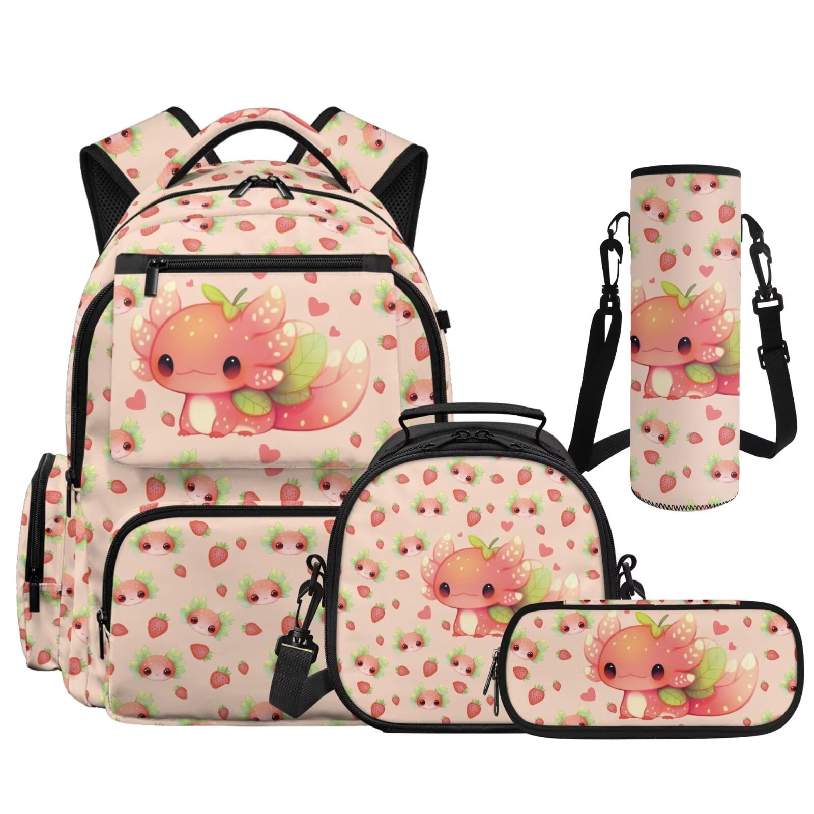 Bulopur 17 Inch 4 PCS Backpack Set Pink Strawberry Axolotl Print School ...