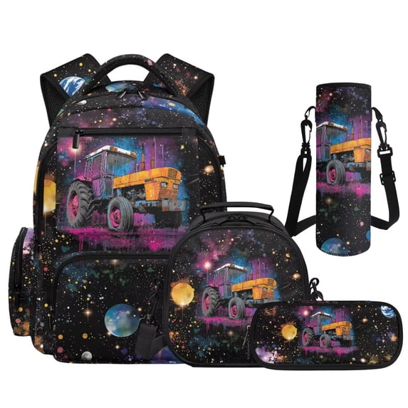 Bulopur 17 Inch 4 PCS Backpack Set Space Tractor Print School Bookbag ...