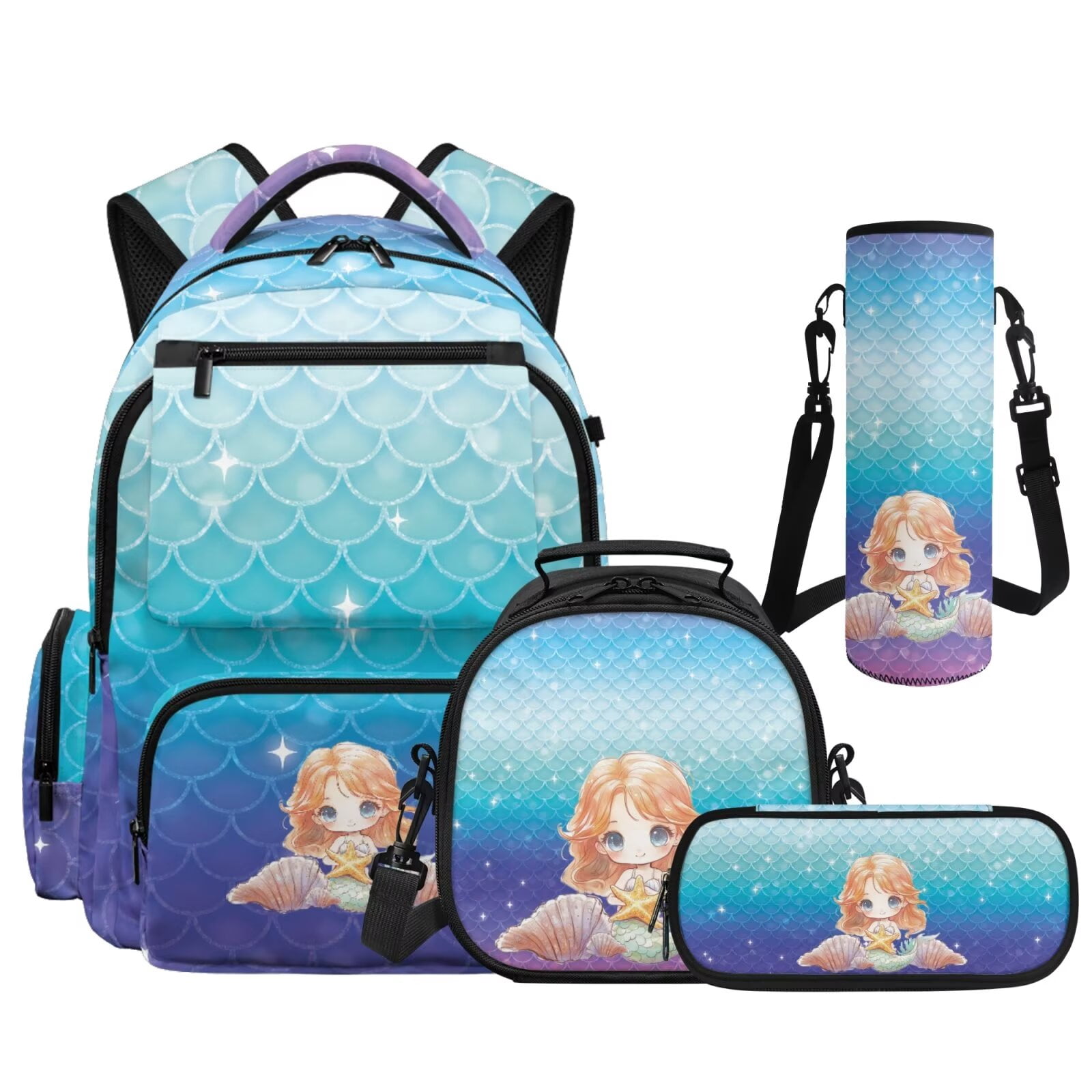 Bulopur 17 Inch 4 PCS School Backpack Set Mermaid Scales School Bag ...