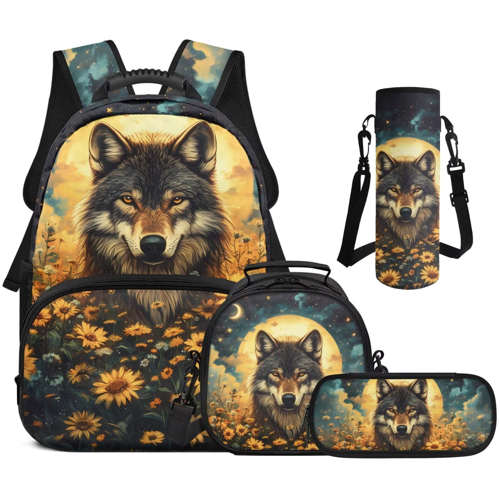 Bulopur Boys 17 Inch Backpack 4 Piece Sunflower Wolf Print School ...