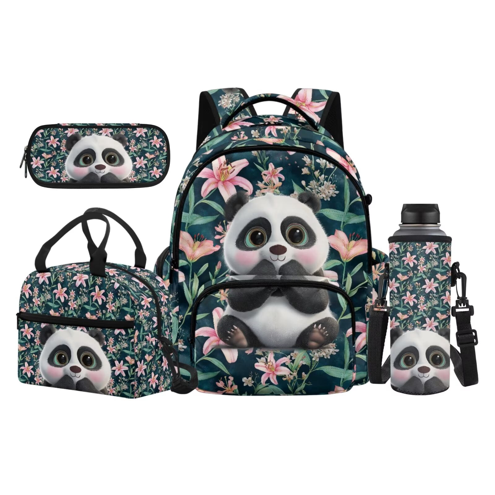 Bulopur Green Floral Panda Print Kids Backpack Set 4 Pcs Waterproof ...