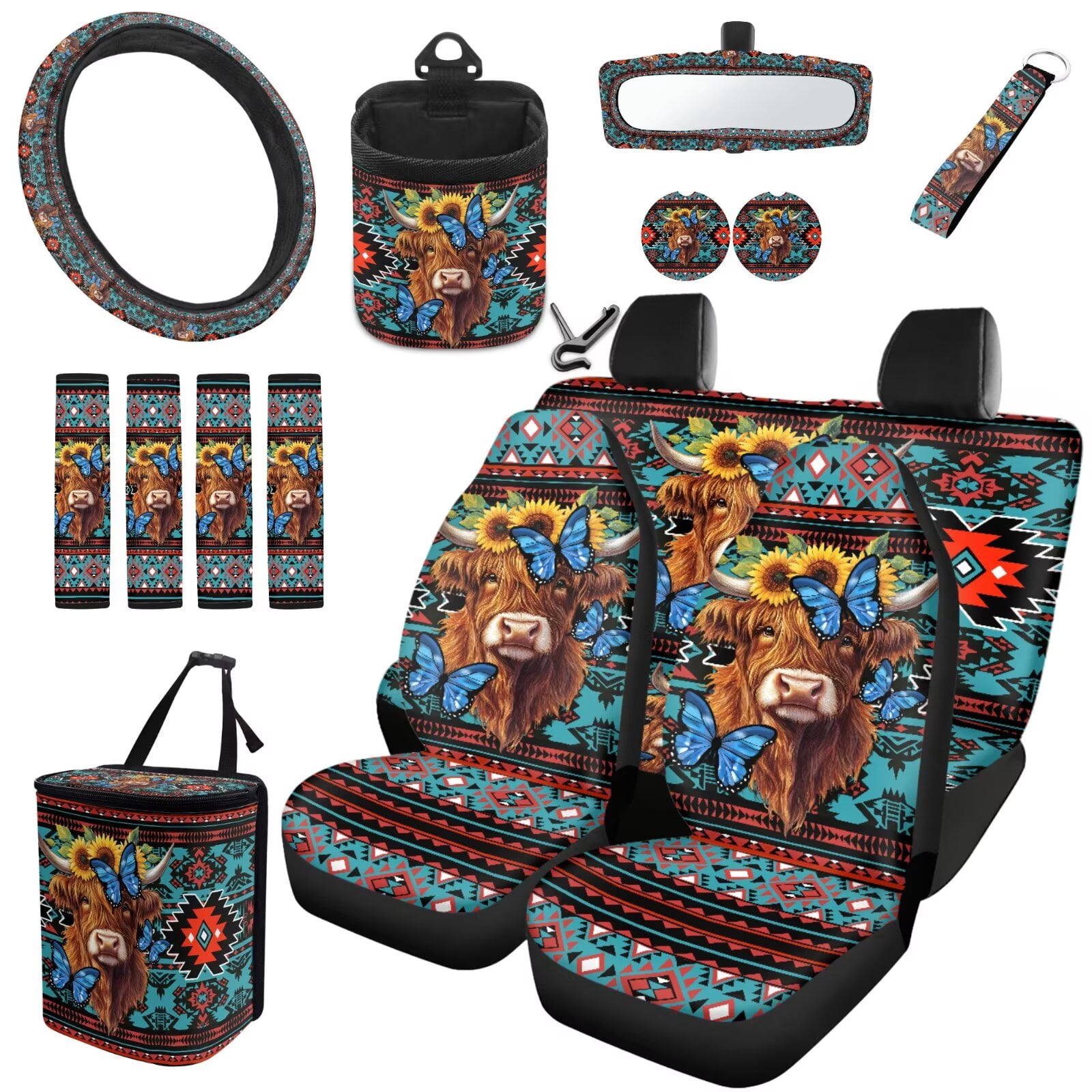 Bulopur Highland Cow Print Car Seat Cover Full Set Steering Wheel Cover ...