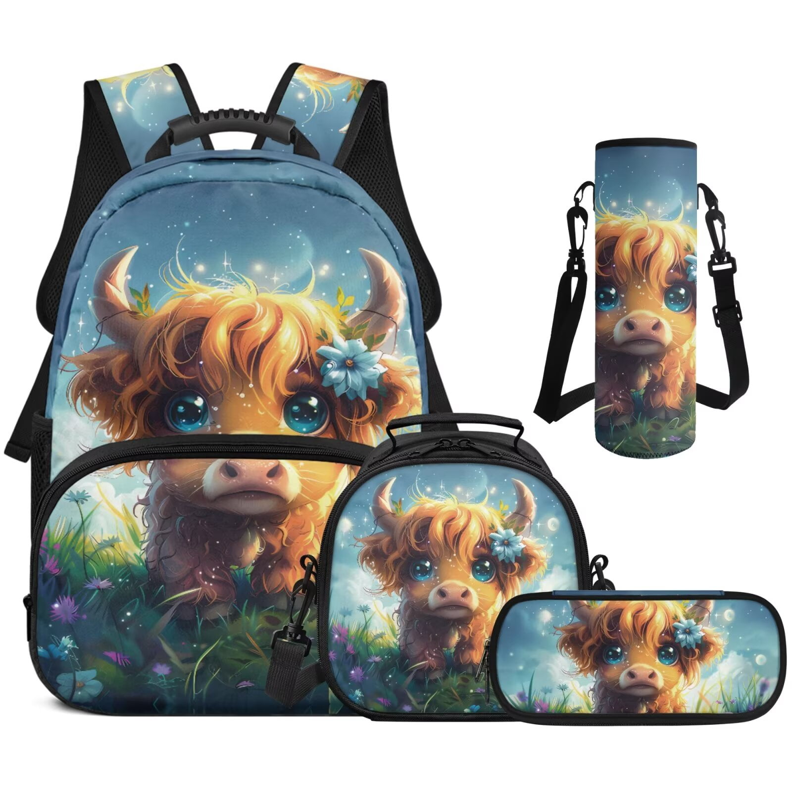 Bulopur Kids 17 Inch School Backpack 4 PCS Highland Cow Print Bookbag ...