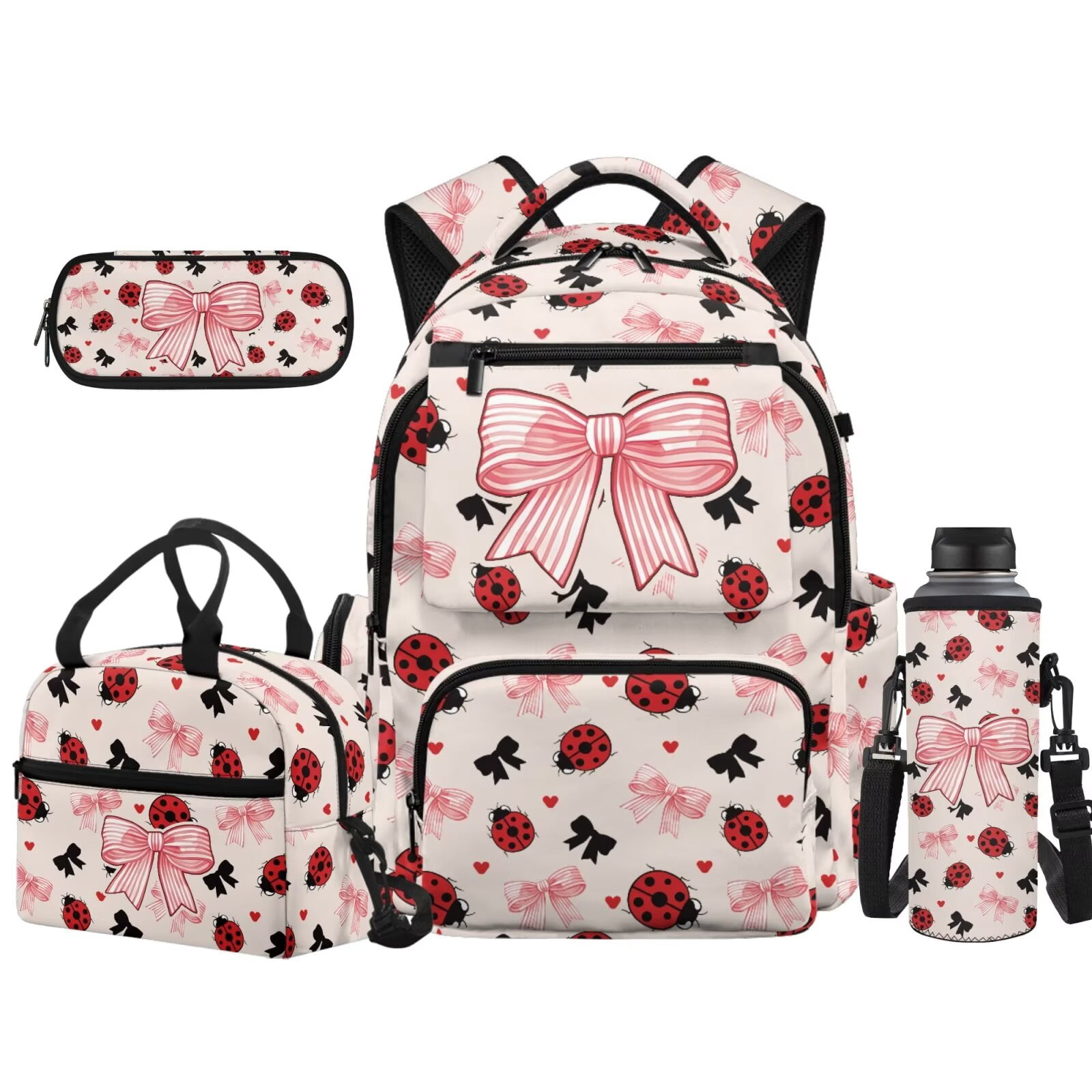 Bulopur Ladybug & Pink Bow Print Kids Backpack Set 4 Pcs Soft Washable ...