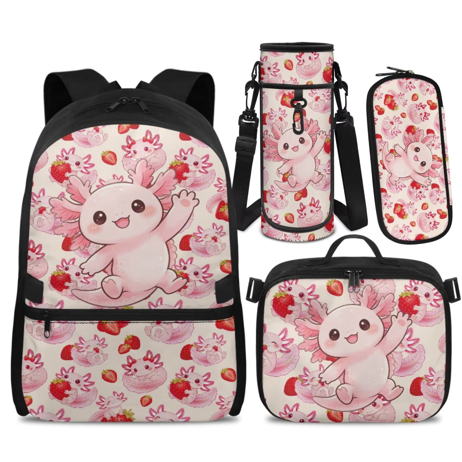 Bulopur Strawberry Kids Backpack Set 4 Pcs Cute Axolotl Waterproof Kids ...