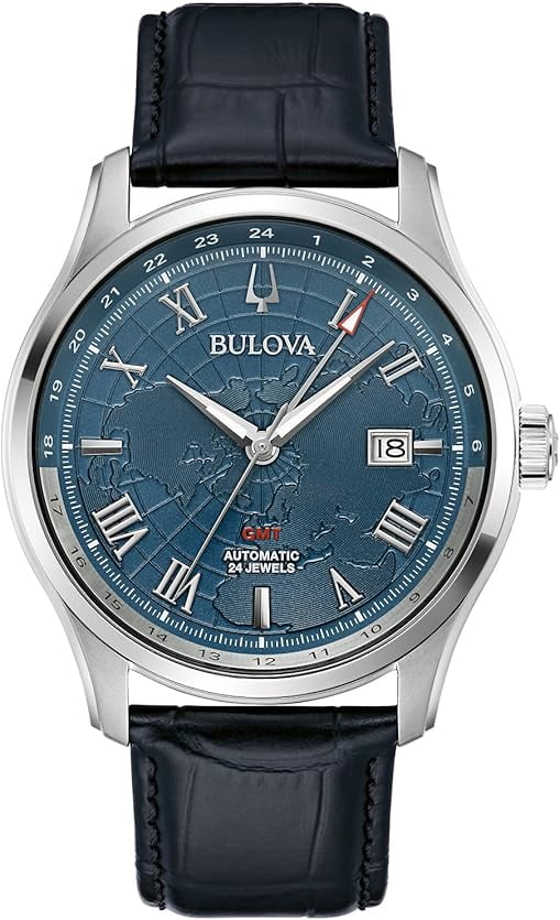 Bulova Men's 96B385 Wilton GMT Watch, Blue Dial, Black Leather Band ...