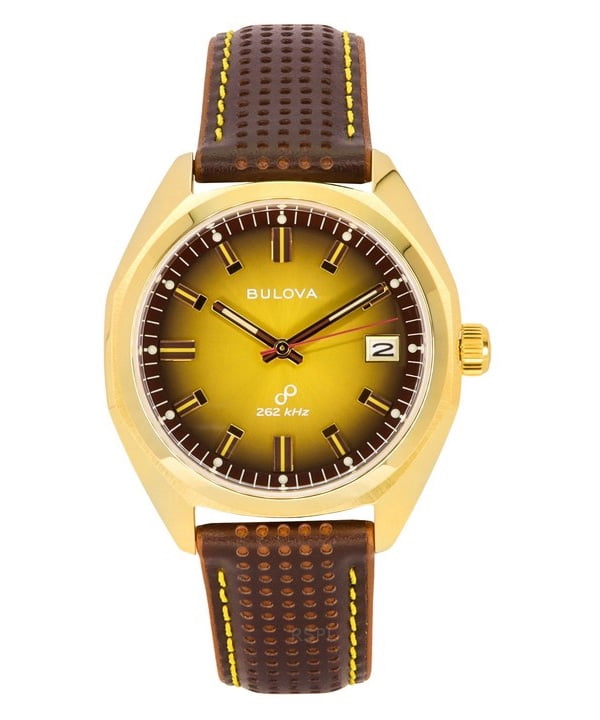 Bulova Jet Star Leather Strap Gold Tone Dial Quartz 97B214 Men's Watch ...