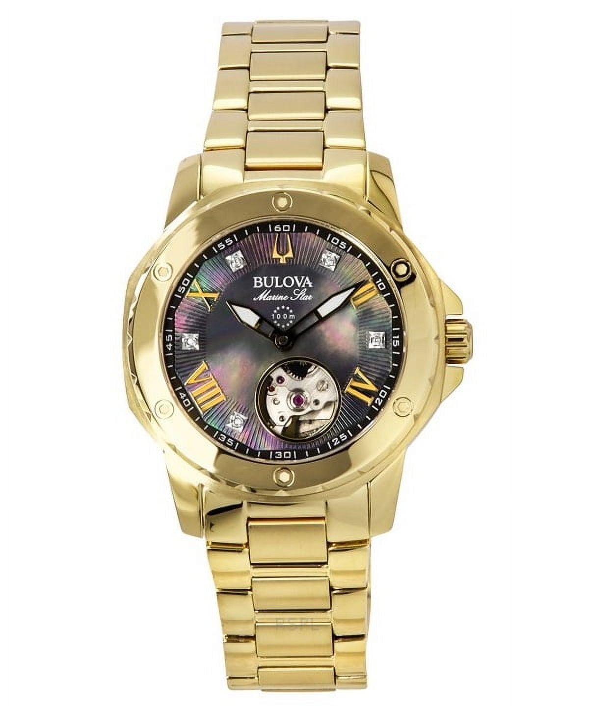 Bulova Marine Star Gold Tone Stainless Steel Black Mother Of Pearl Dial ...