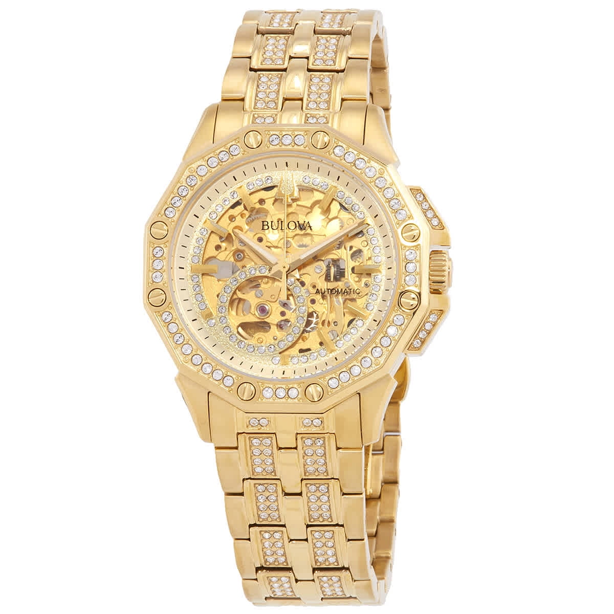 Bulova Octava Automatic Crystal Gold Skeleton Dial Men's Watch 98A292 ...
