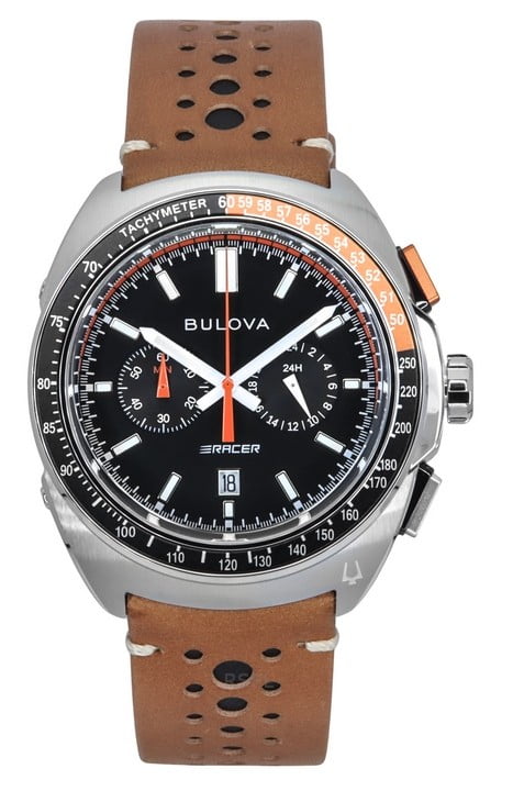 Bulova Racer Chronograph Leather Strap Black Dial Quartz 98B427 100M ...