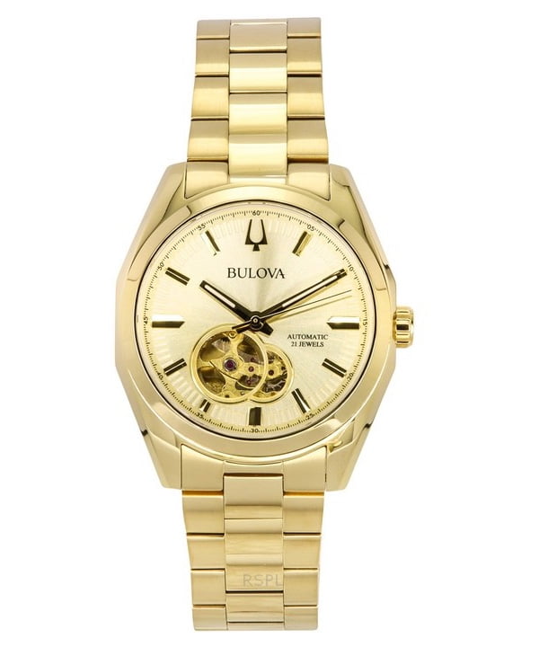Bulova Surveyor Gold Tone Stainless Steel Open Heart Champagne Dial ...
