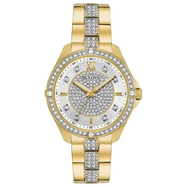 Bulova Women's Wrist Watch, Two Tone Crystal Turn Style, Pearl Dial ...