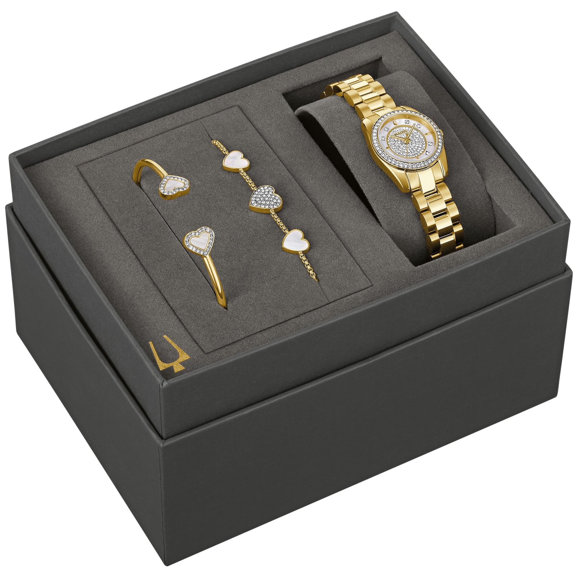 Bulova Women's Gold-Tone Crystal Watch Box Set with Matching Bracelets ...