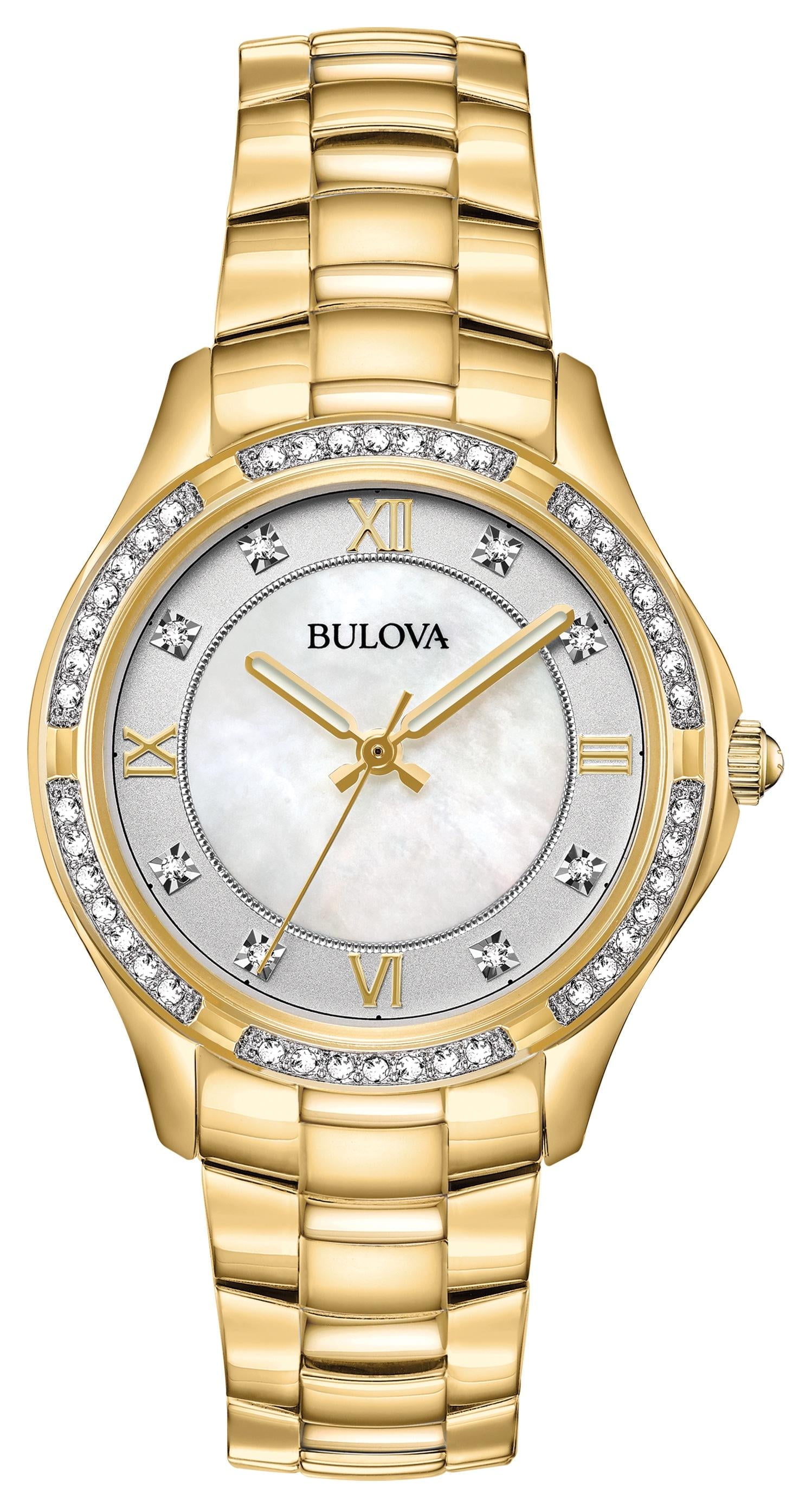 Bulova Women's Gold-Tone Stainless Steel Mother Of Pearl & Crystal ...