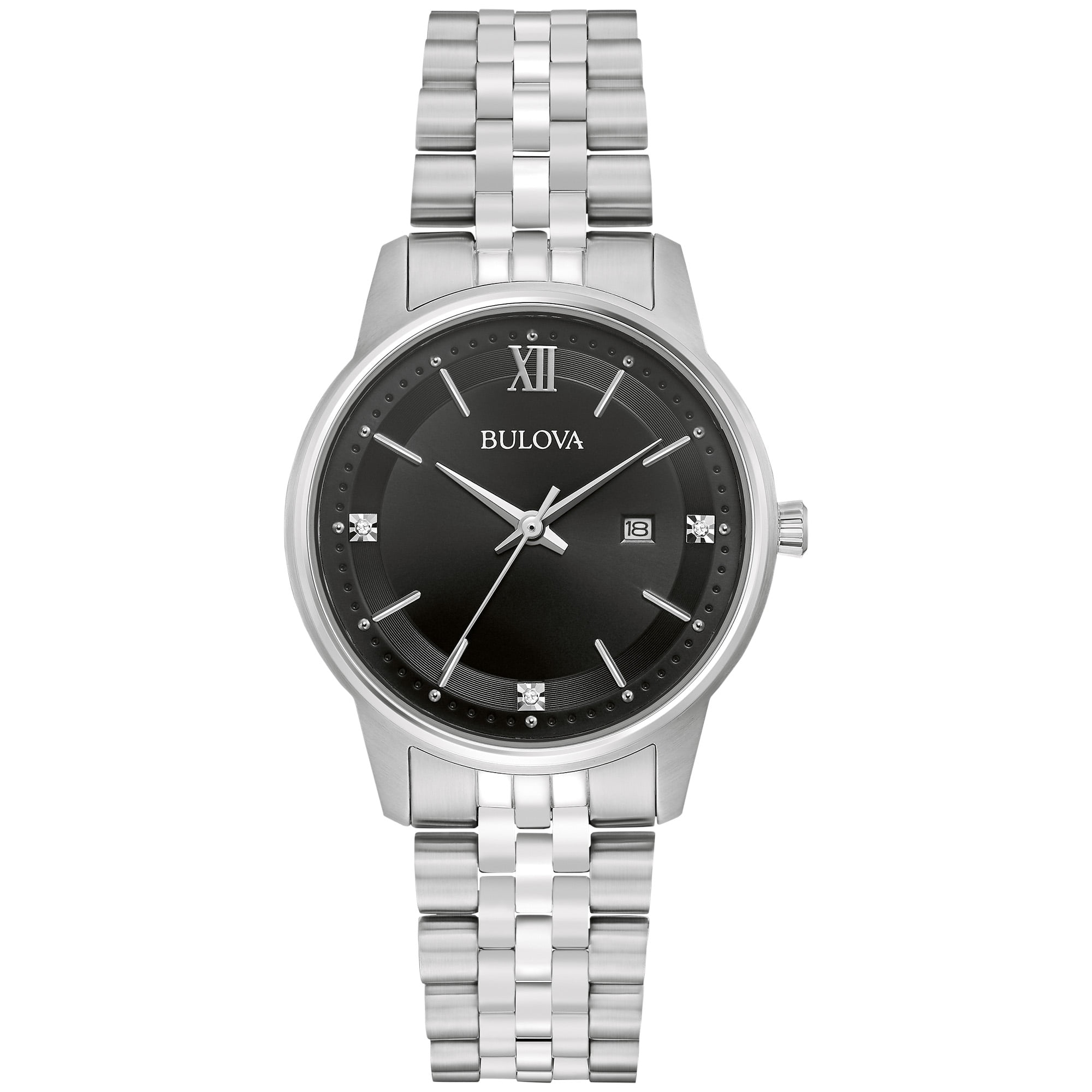 Bulova Women's Stainless Steel Black Dial Diamond Watch 96P226 ...