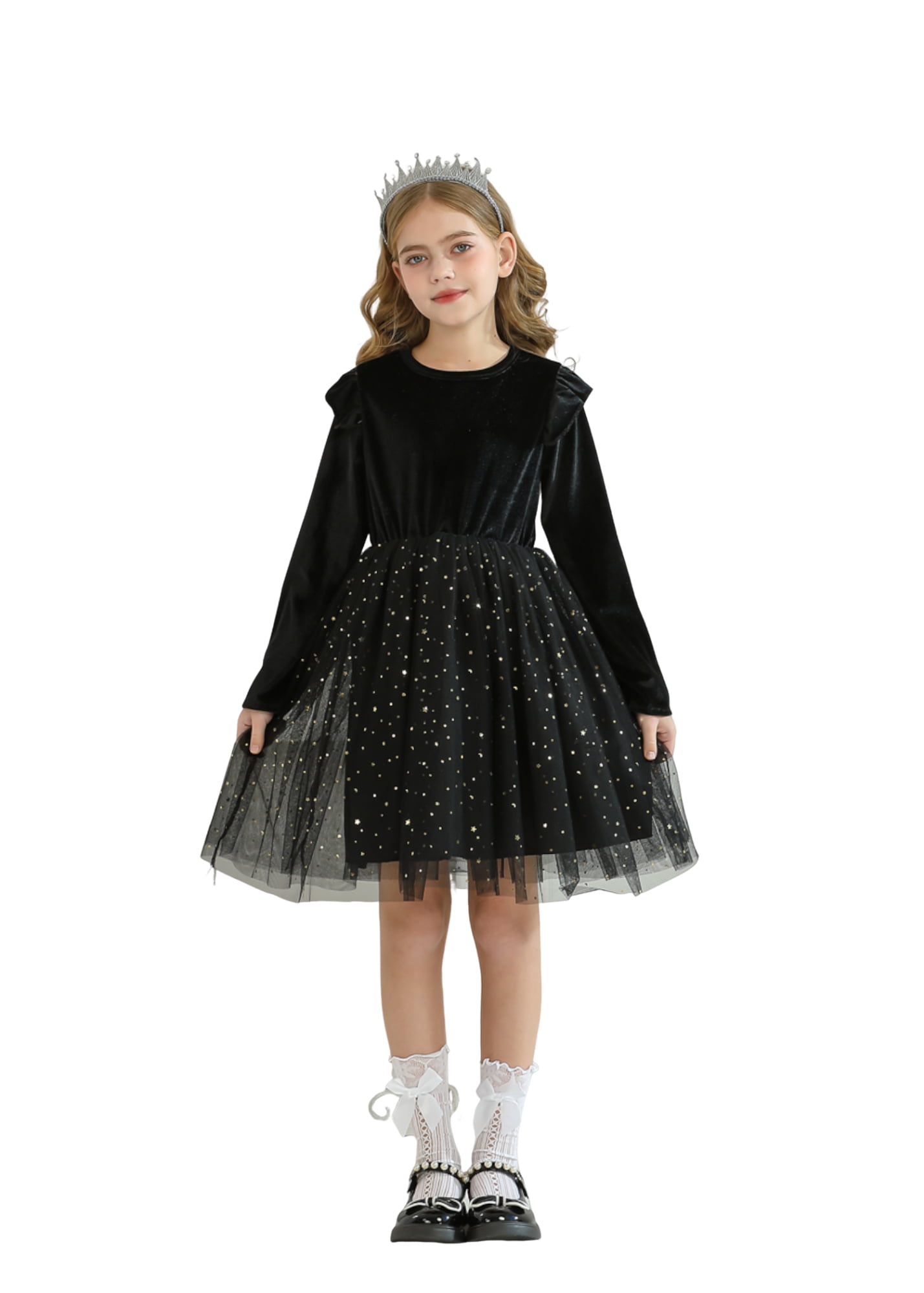 BuluBulu Girls Dresses Long Sleeve Velvet Tulle A-Line Dress Casual ...