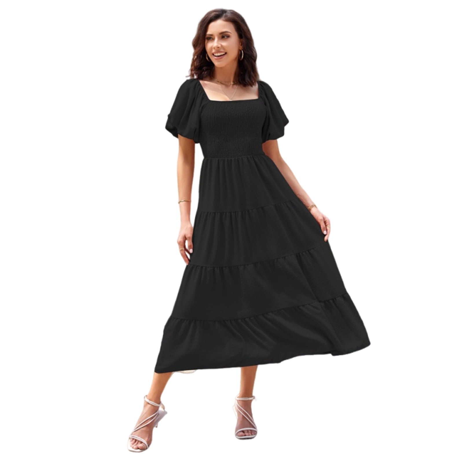 BuluBulu Womens Summer Dresses Casual Short Sleeve Squrae Neck Midi ...