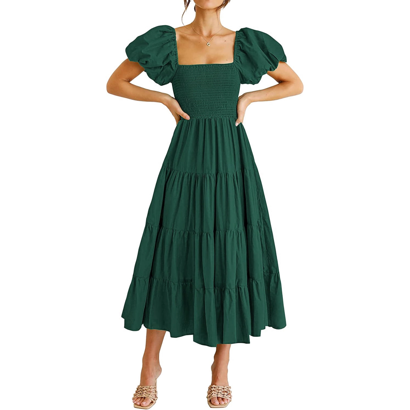 BuluBulu Womens Summer Dresses Casual Short Sleeve Squrae Neck Midi ...