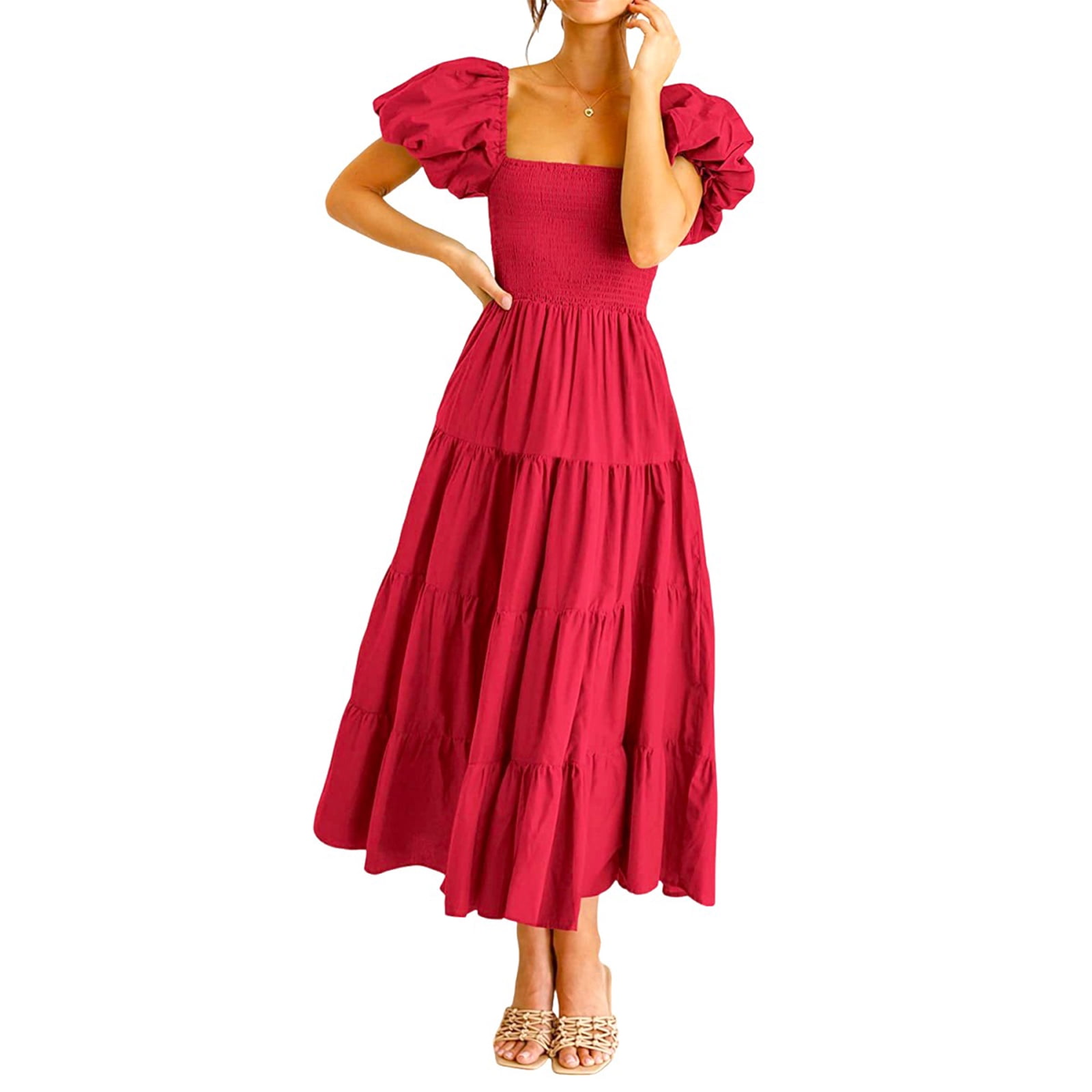 BuluBulu Womens Summer Dresses Casual Short Sleeve Squrae Neck Midi ...