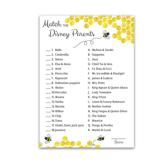 Bumble Bee Baby Shower Game — CARTOON PARENT MATCH Games — Pack of 25 ...