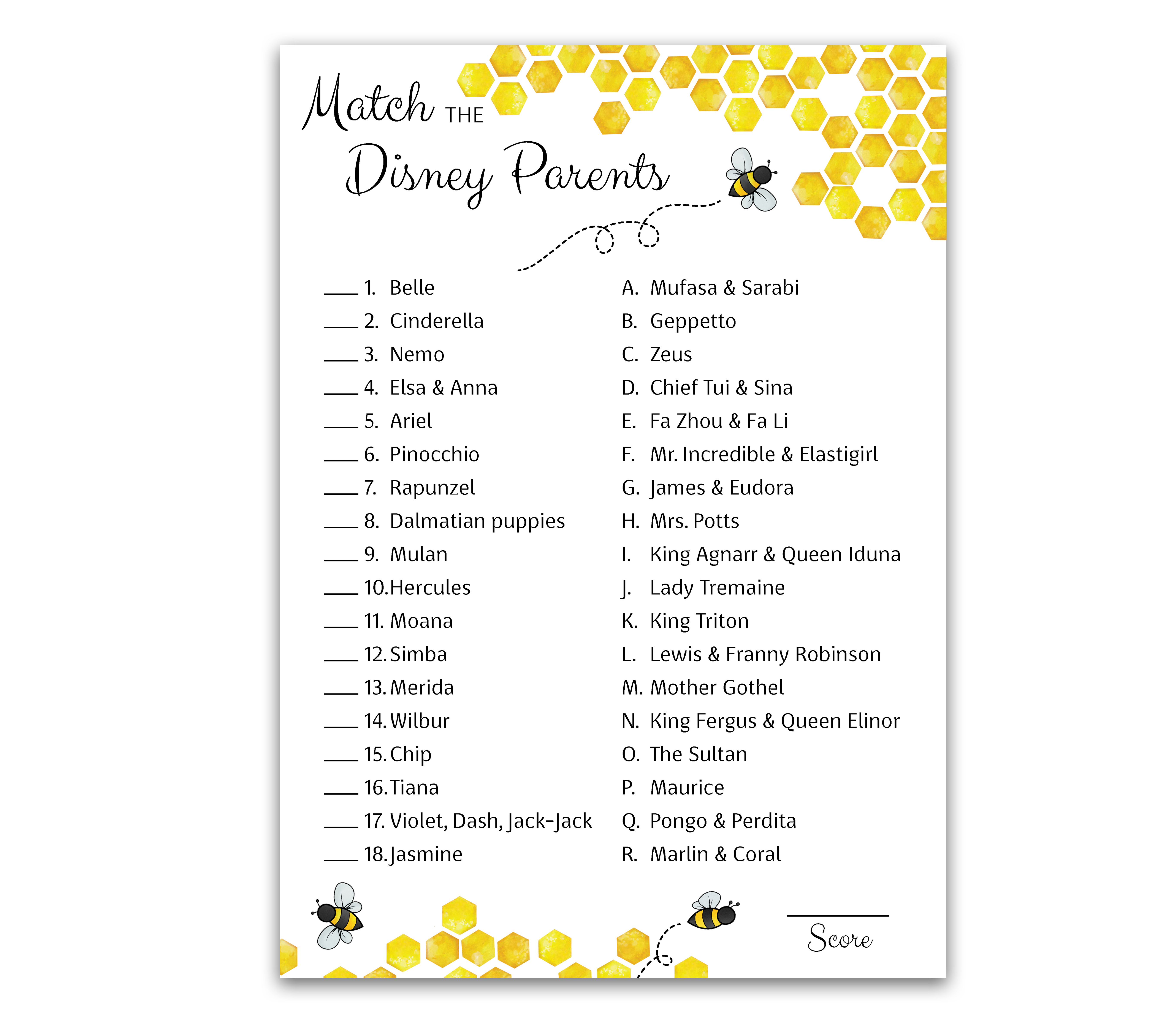 Bumble Bee Baby Shower Game — DISNEY PARENT MATCH Games — Pack of 25 ...