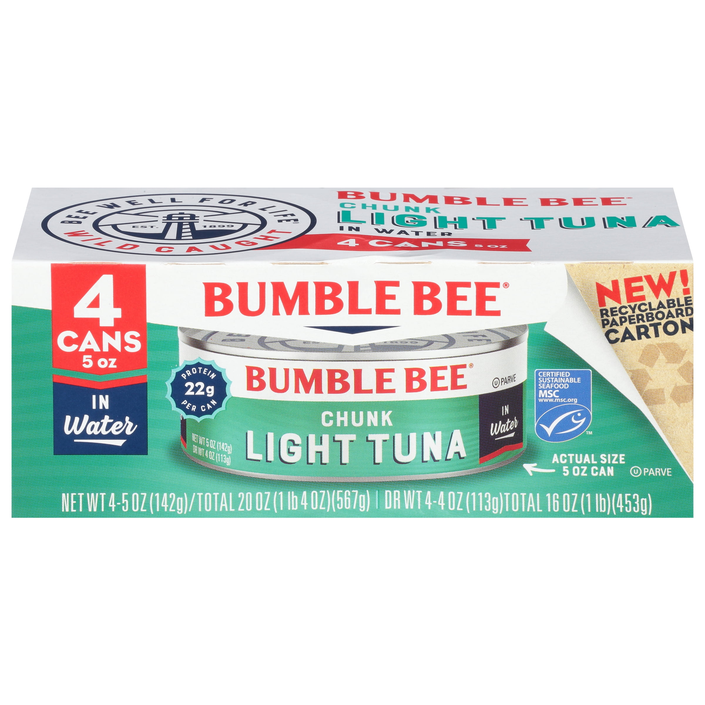 (4 Cans) Bumble Bee Chunk Light Tuna in Water, Canned Tuna Fish, High ...