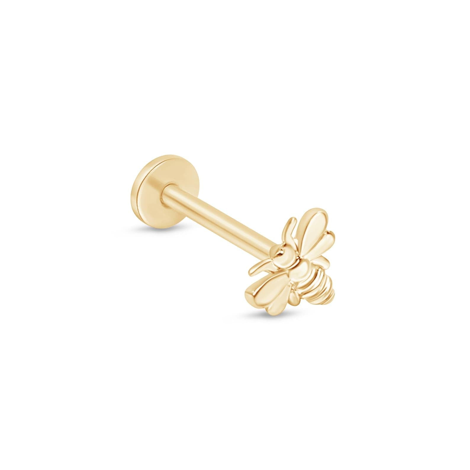 Bumble Bee Flat Back Earring for Women Sensitive Ear 14K Solid Gold Nose Stud Cartilage Earring ...